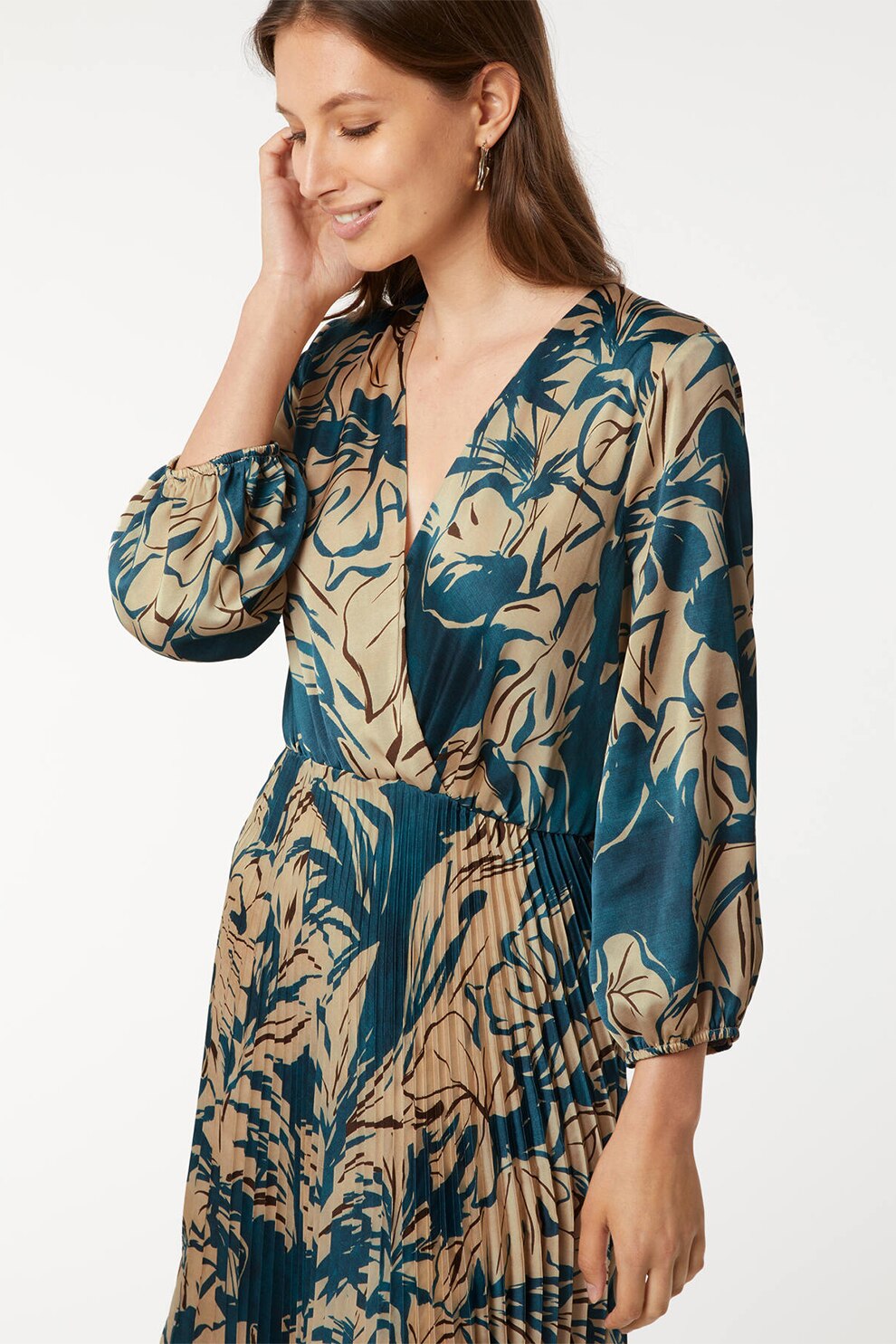 Oltre, Rochie midi cu model si terminatie plisata, Maro camel, Albastru ...