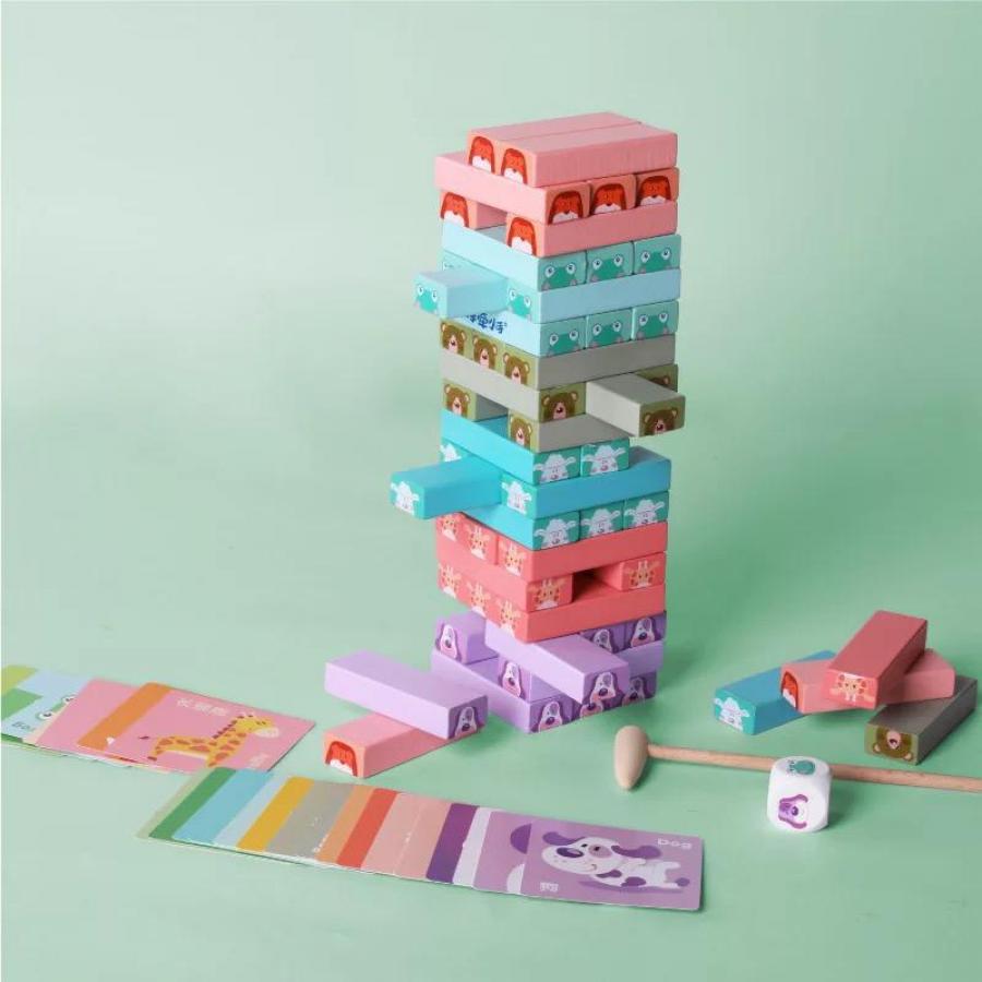 Joc Jenga, Multicolor, 54 Piese, 24 Cartonase, Lemn - eMAG.ro