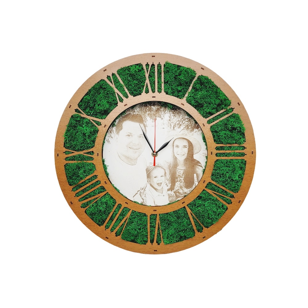 Ceas personalizat cu poza, Licheni stabilizati, 30 cm, Lemn nuc - eMAG.ro