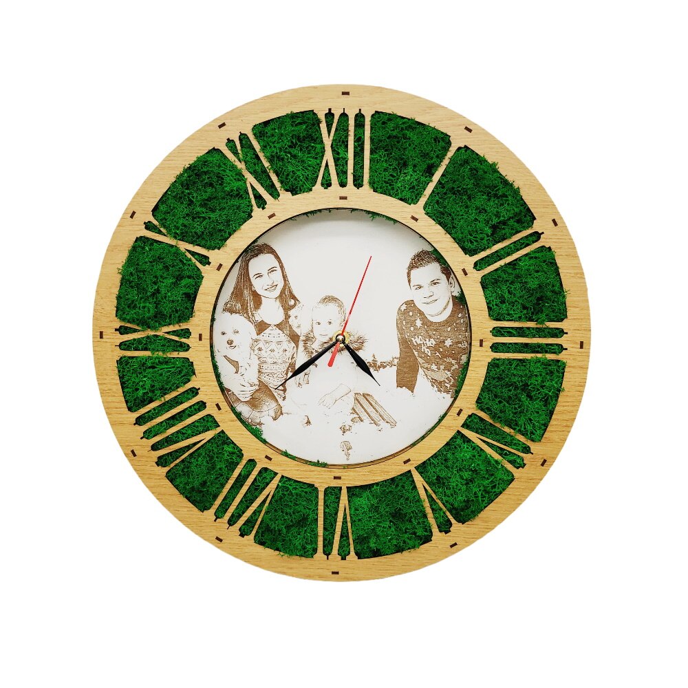 Ceas personalizat cu poza, Licheni stabilizati, 40 cm, Lemn stejar ...