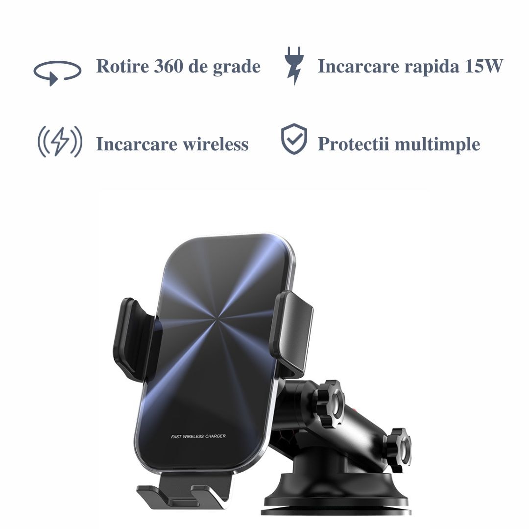 Suport Incarcator Auto pentru Telefon, Wireless Fast Charge, 15W ...