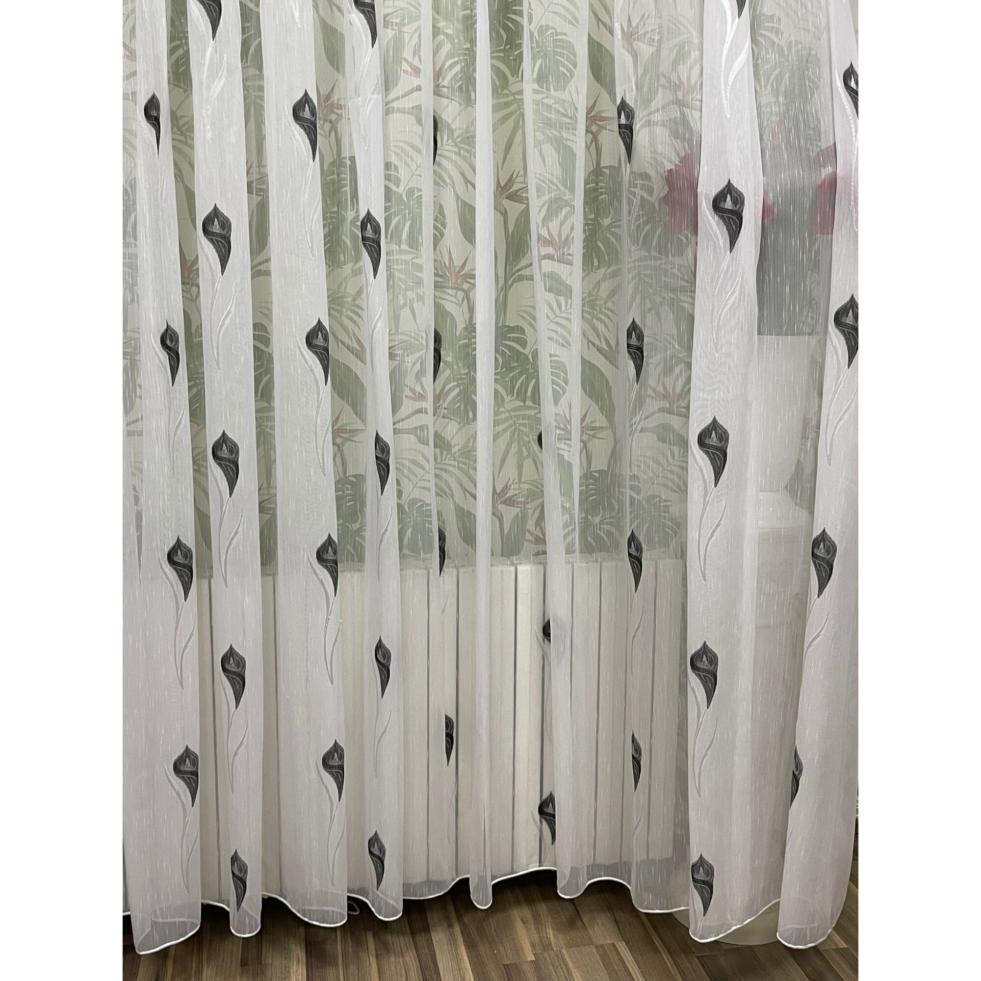 Perdea alba, brodata negru, din colectia "Calathea" 1000x245cm cu ...