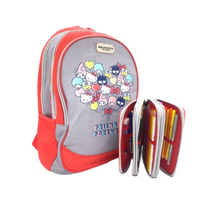 Set ghiozdan scoala Hello Kitty si penar echipat, 3 fermoare, Roz cu ...