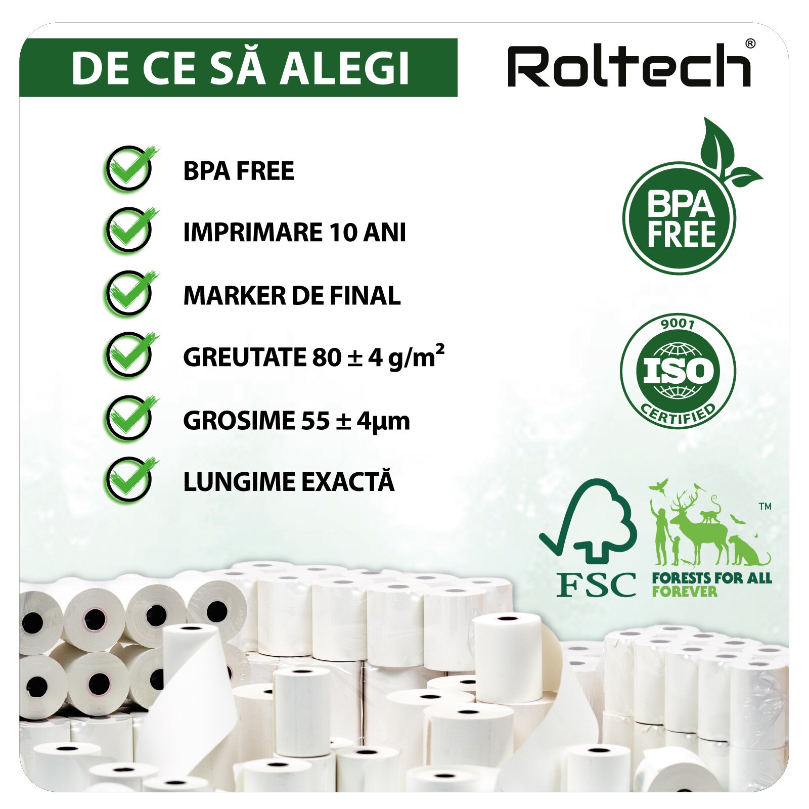 Rola hartie termica ROLTECH, 80mm x 50m, 80gr, non-BPA - eMAG.ro