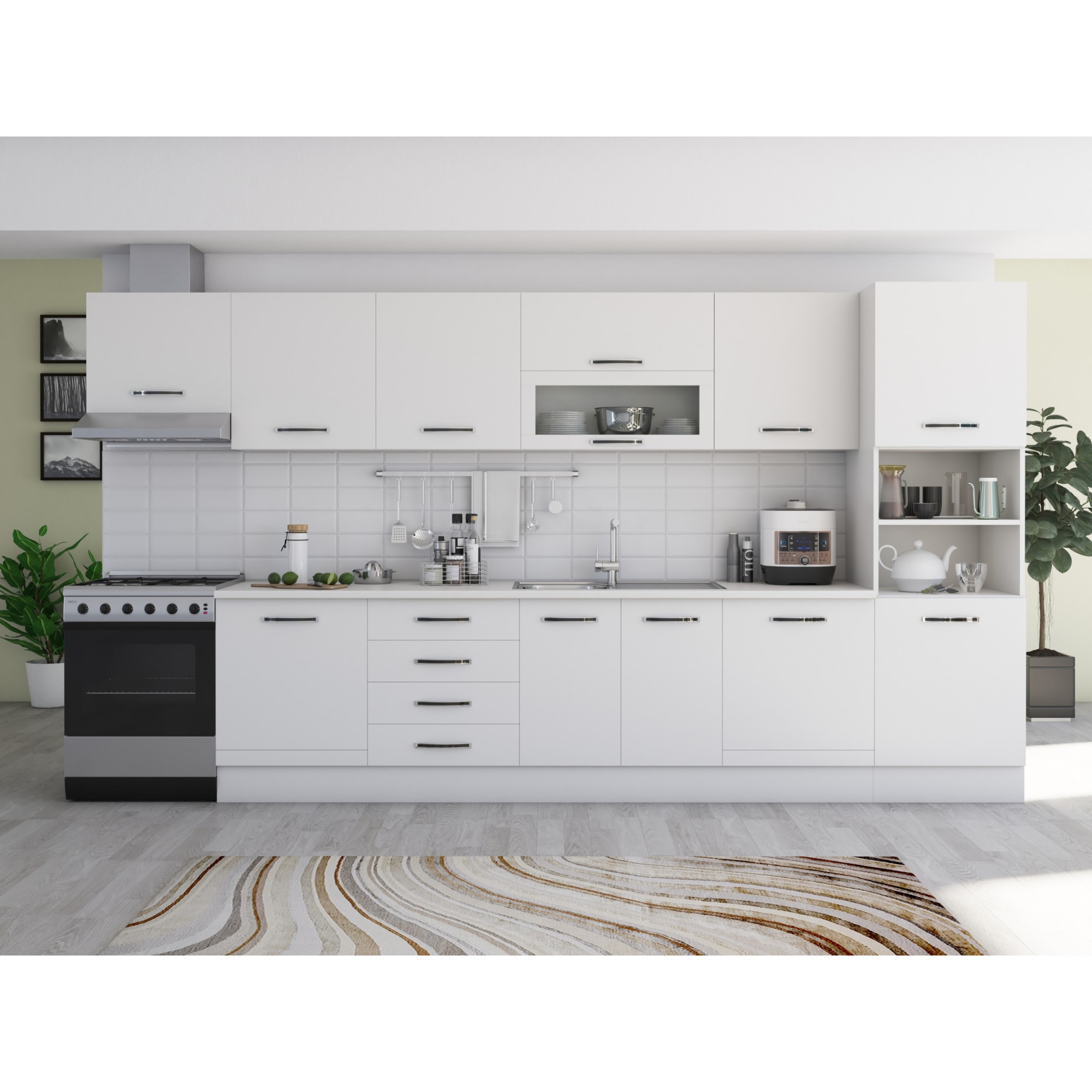 Bucatarie Alfa 380, alb, blat termic alb, corp hota, soldat - eMAG.ro