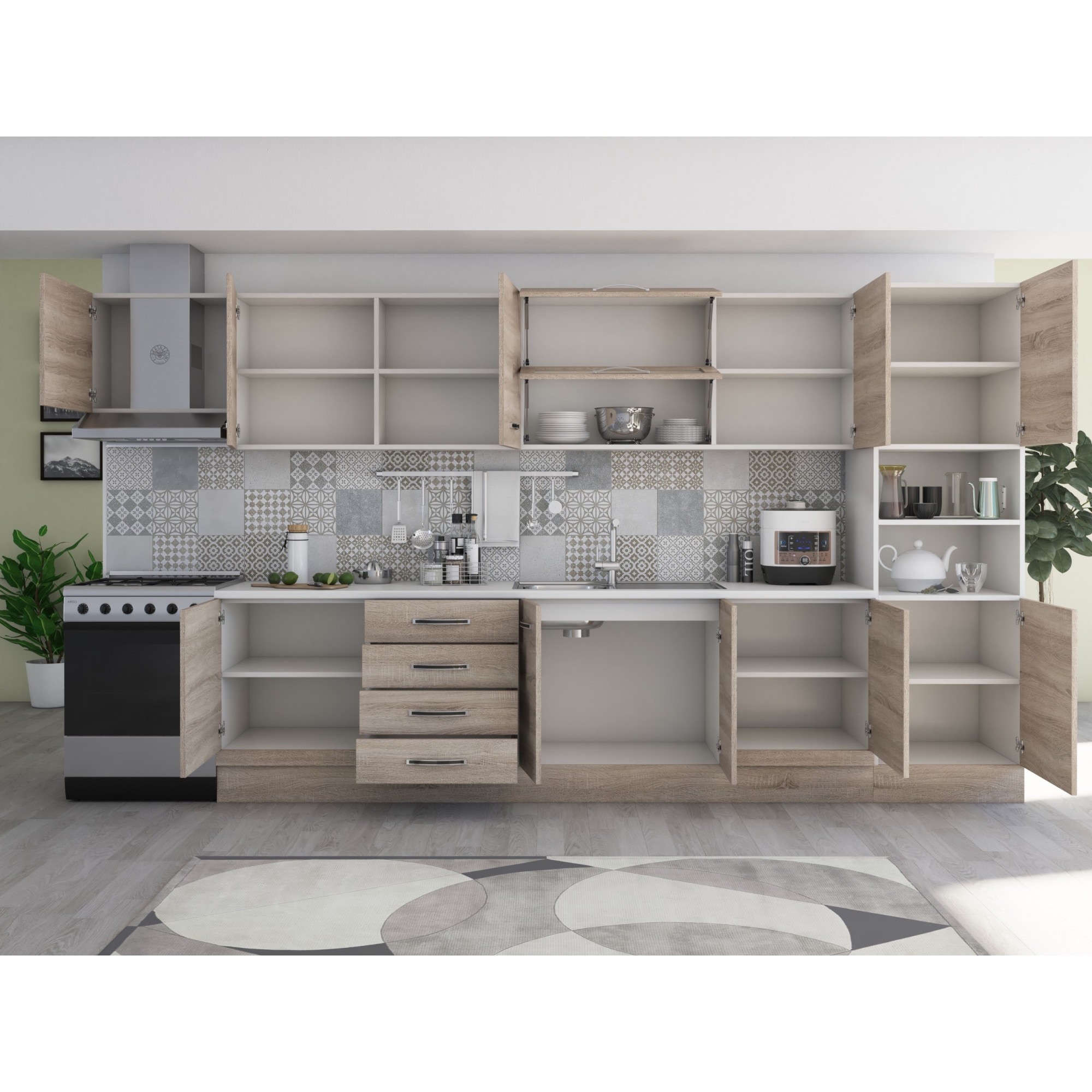 Bucatarie Alfa 380, sonoma, blat termic alb, corp hota, soldat - eMAG.ro