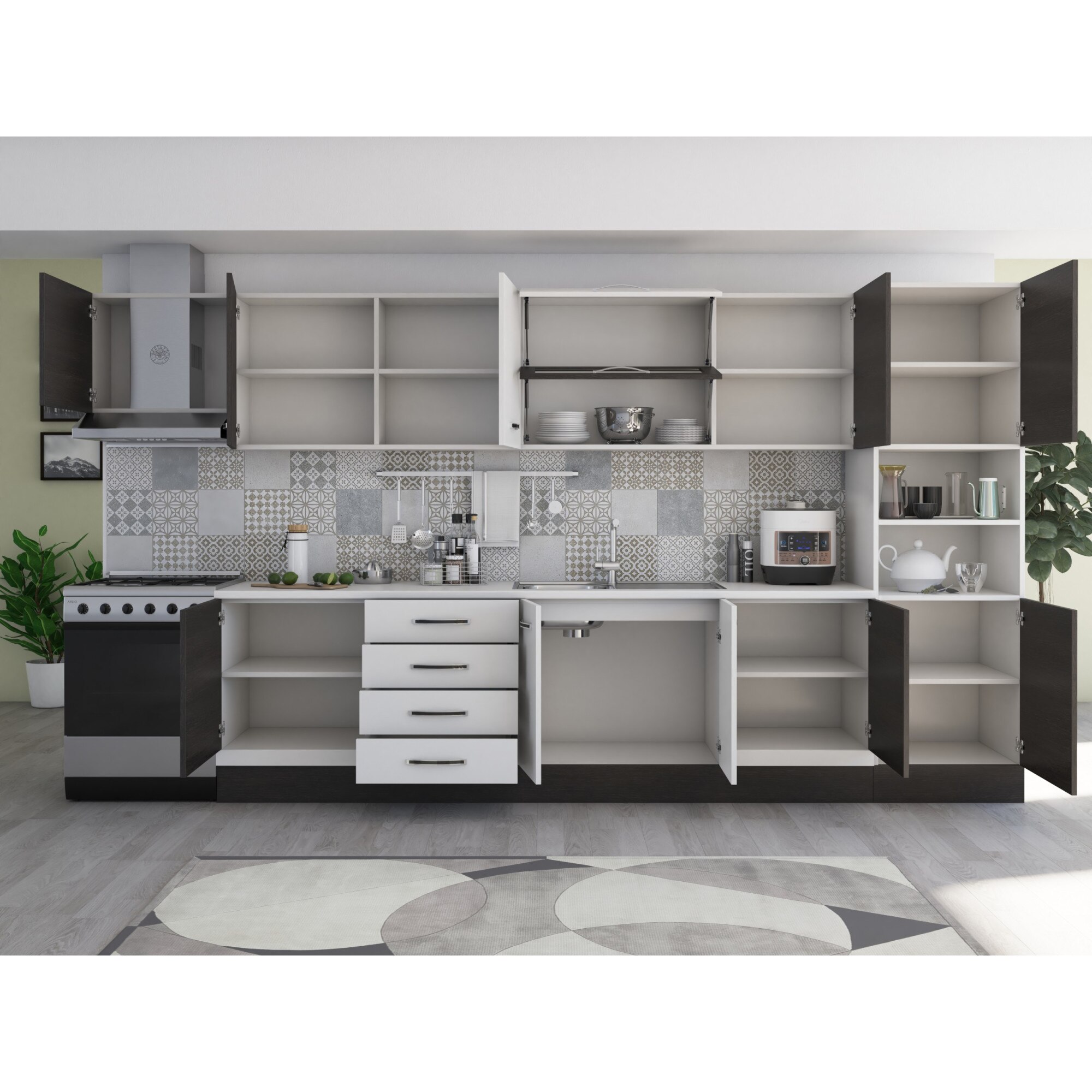 Bucatarie Alfa 380, alb/wenge, blat termic alb, corp hota, soldat - eMAG.ro