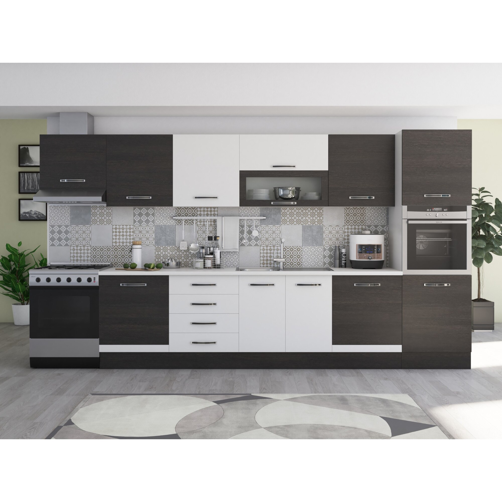 Bucatarie Alfa 380, alb/wenge, blat termic alb, corp hota, soldat - eMAG.ro