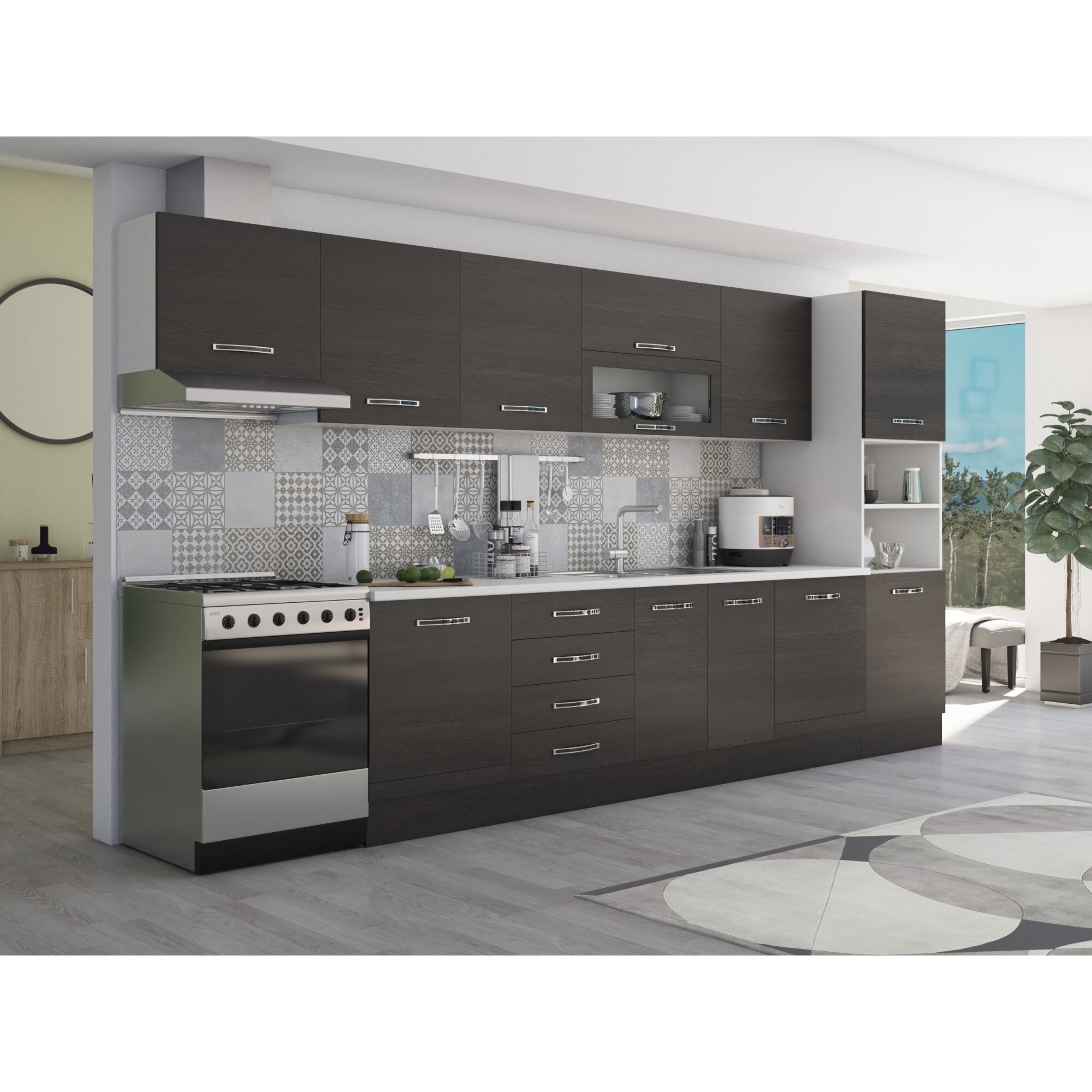 Bucatarie Alfa 380, wenge, blat termic alb, corp hota, soldat - eMAG.ro