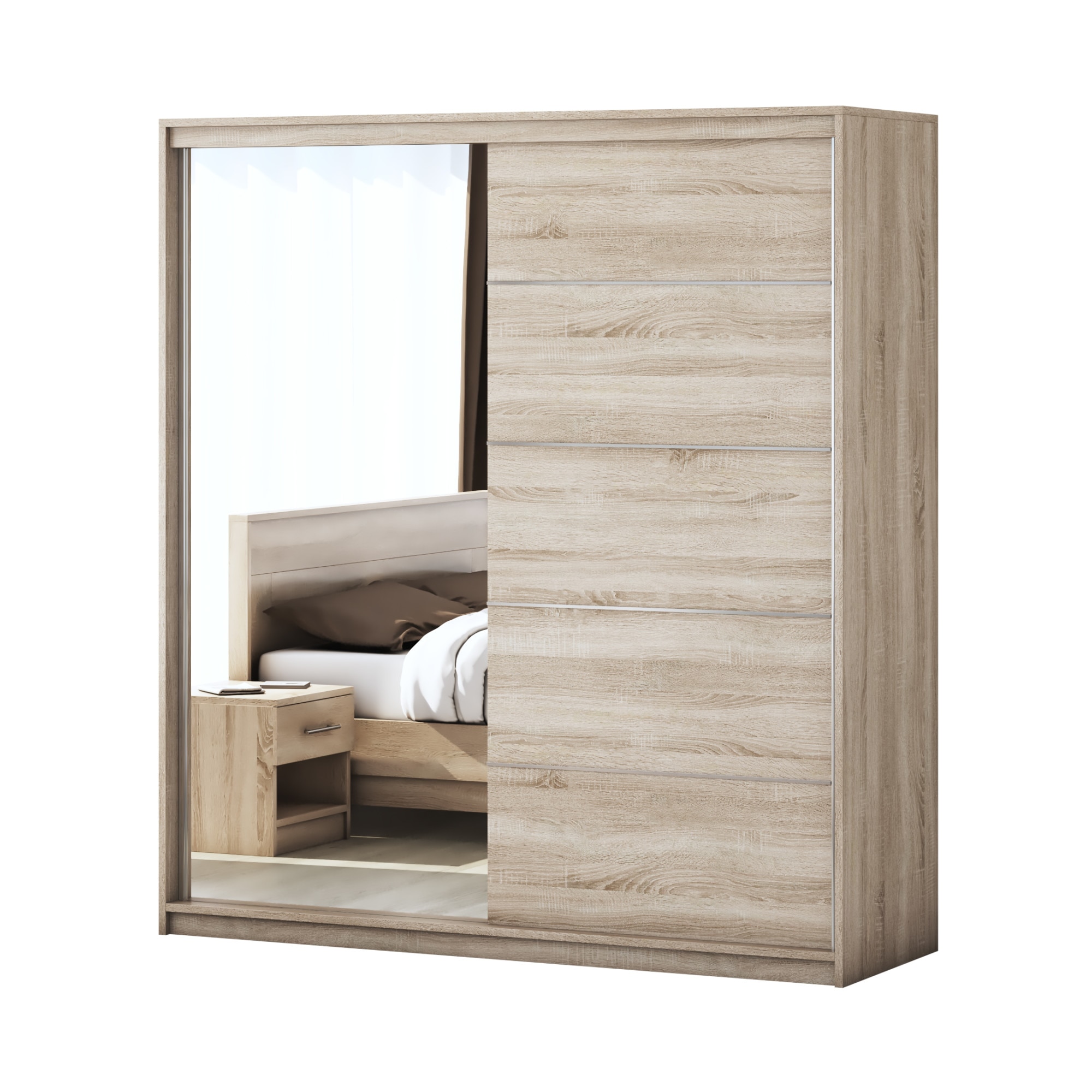 Dormitor Solano, Sonoma, Dulap 183 cm, Pat cu tablie tapitata camel 140 ...