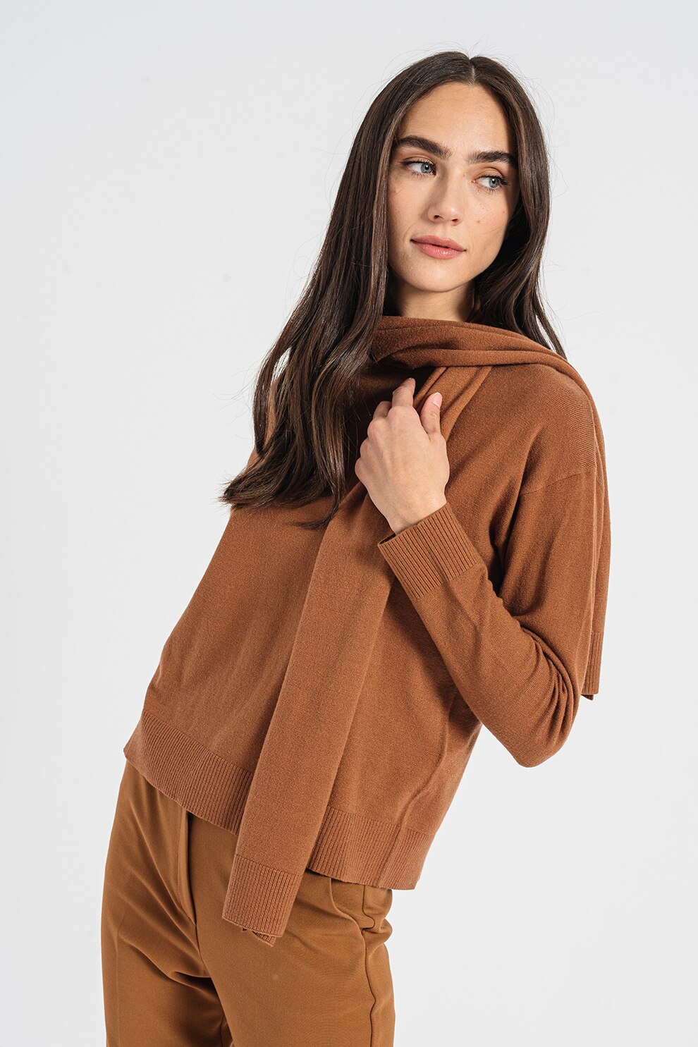 EMME, Set de fular si puloover tricotat fin, Maro deschis, S - eMAG.ro