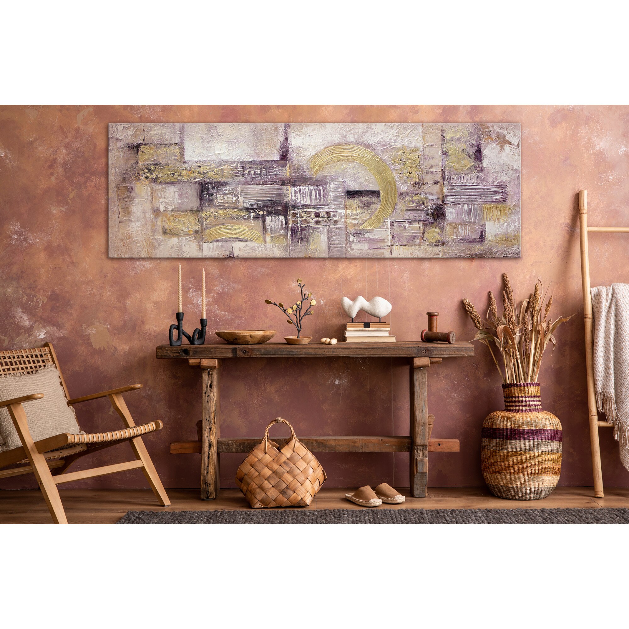 Tablou abstract pictat manual ulei pe panza "Miscari" 150x50cm - eMAG.ro