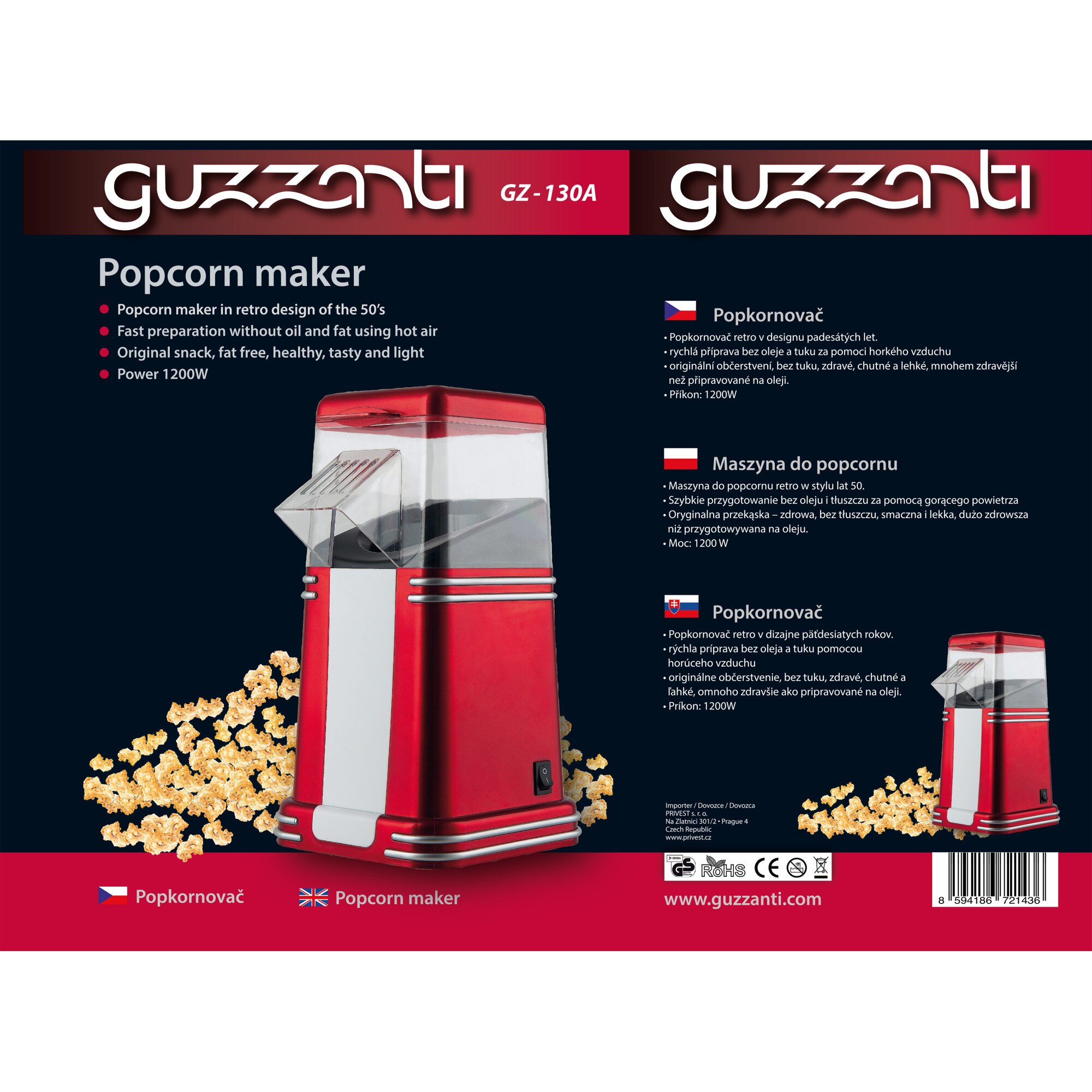 Masina pentru popcorn, Guzzanti, Plastic, Rosu/Alb - eMAG.ro