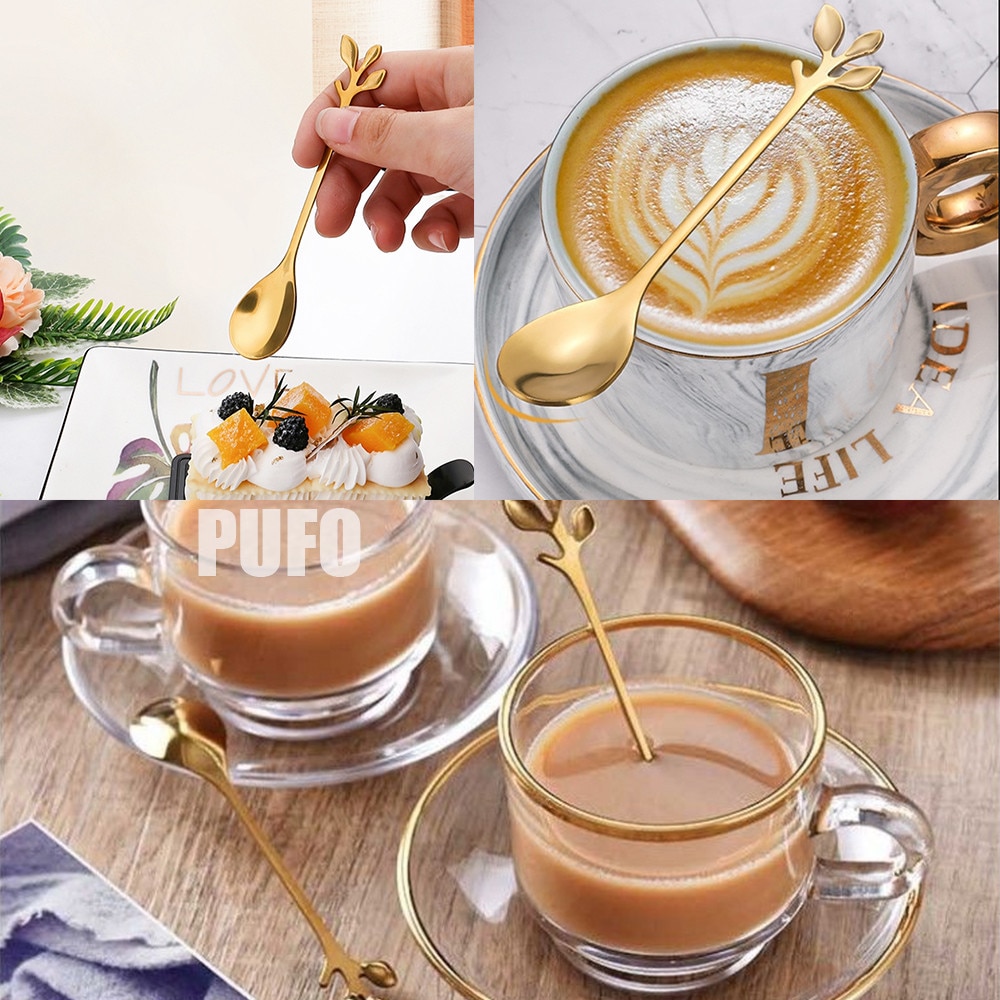 Set 6 lingurite Pufo Leaf pentru cafea, ceai, desert, otel, maner in ...