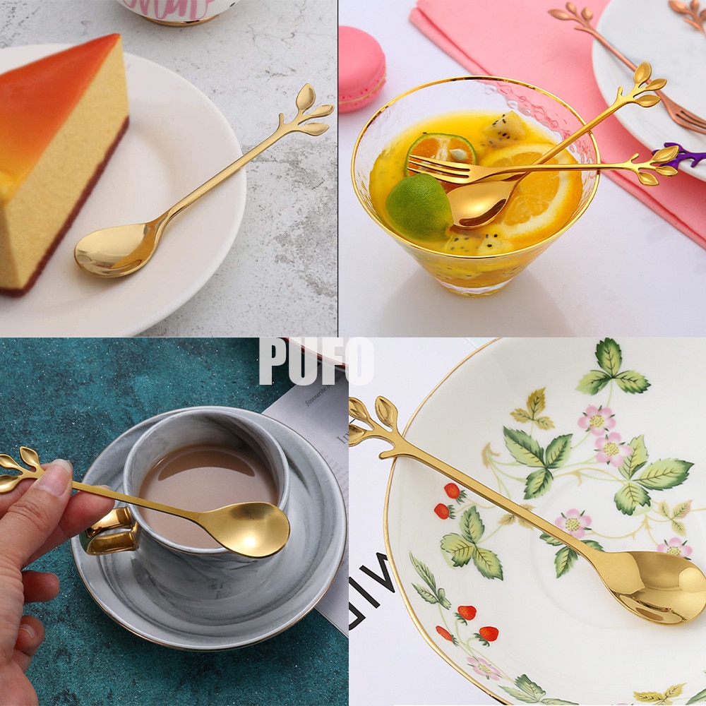 Set 6 lingurite Pufo Leaf pentru cafea, ceai, desert, otel, maner in ...