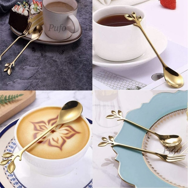 Set 6 lingurite Pufo Leaf pentru cafea, ceai, desert, otel, maner in ...