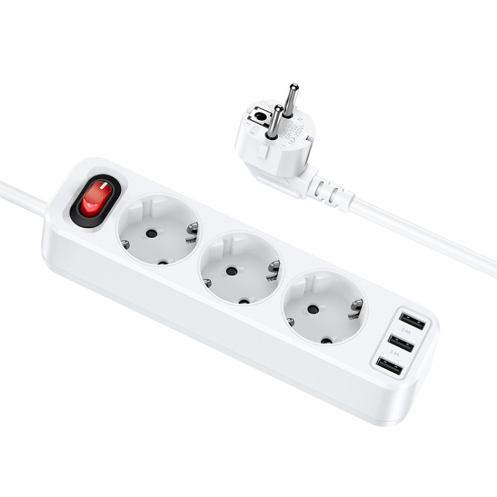 Prelungitor premium cu 3 prize, 3 x USB-A, 2.4 A, 1.8 m, Alb - eMAG.ro