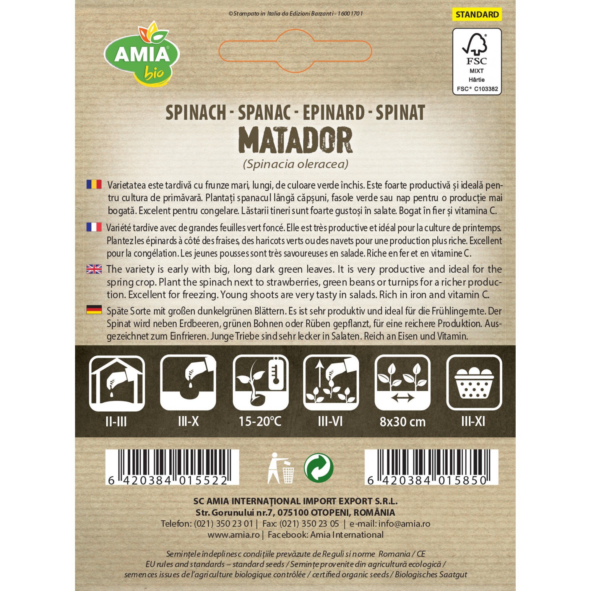 Seminte bio de spanac Matador 3,5 grame, AMIA - eMAG.ro