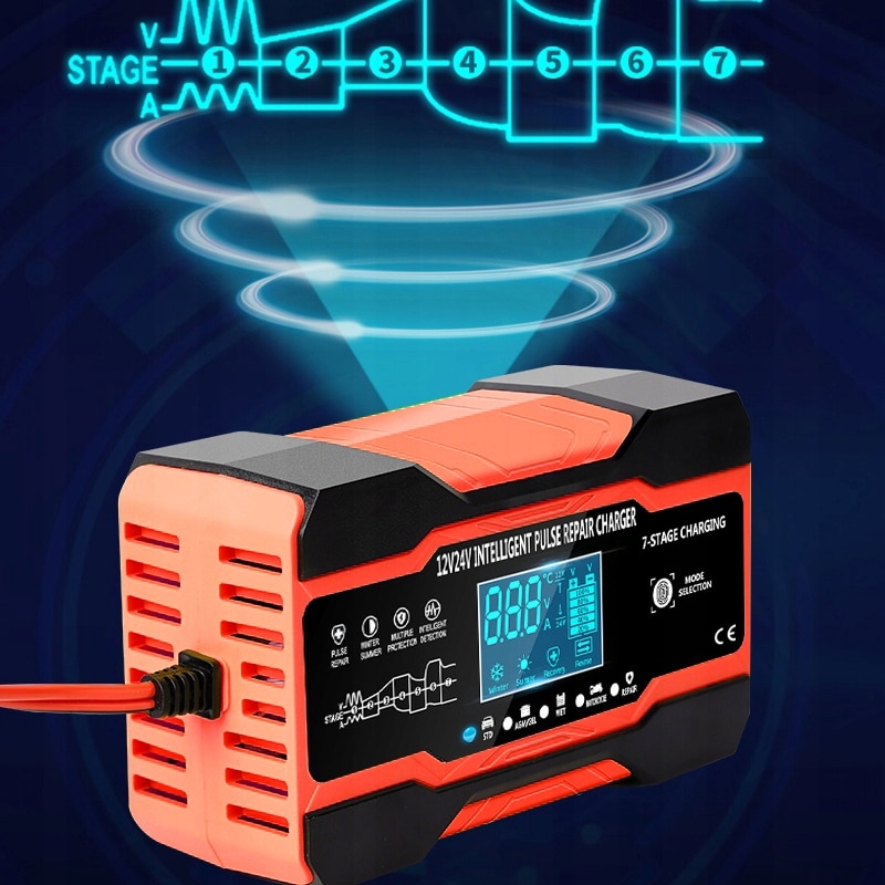 Redresor smart, 12/24V, 10A, Display digital, Rosu/Negru - eMAG.ro