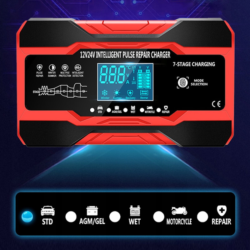 Redresor smart, 12/24V, 10A, Display digital, Rosu/Negru - eMAG.ro