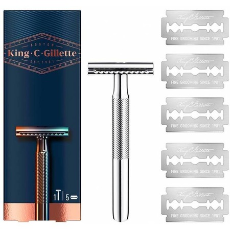 Set pentru barbierit, Gilette, King C, Aparat de ras clasic, 5 lame de ...