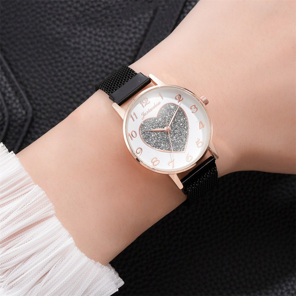 Ceas Dama Elegant, Negru, cu inima glitter si bratara magnetica ...
