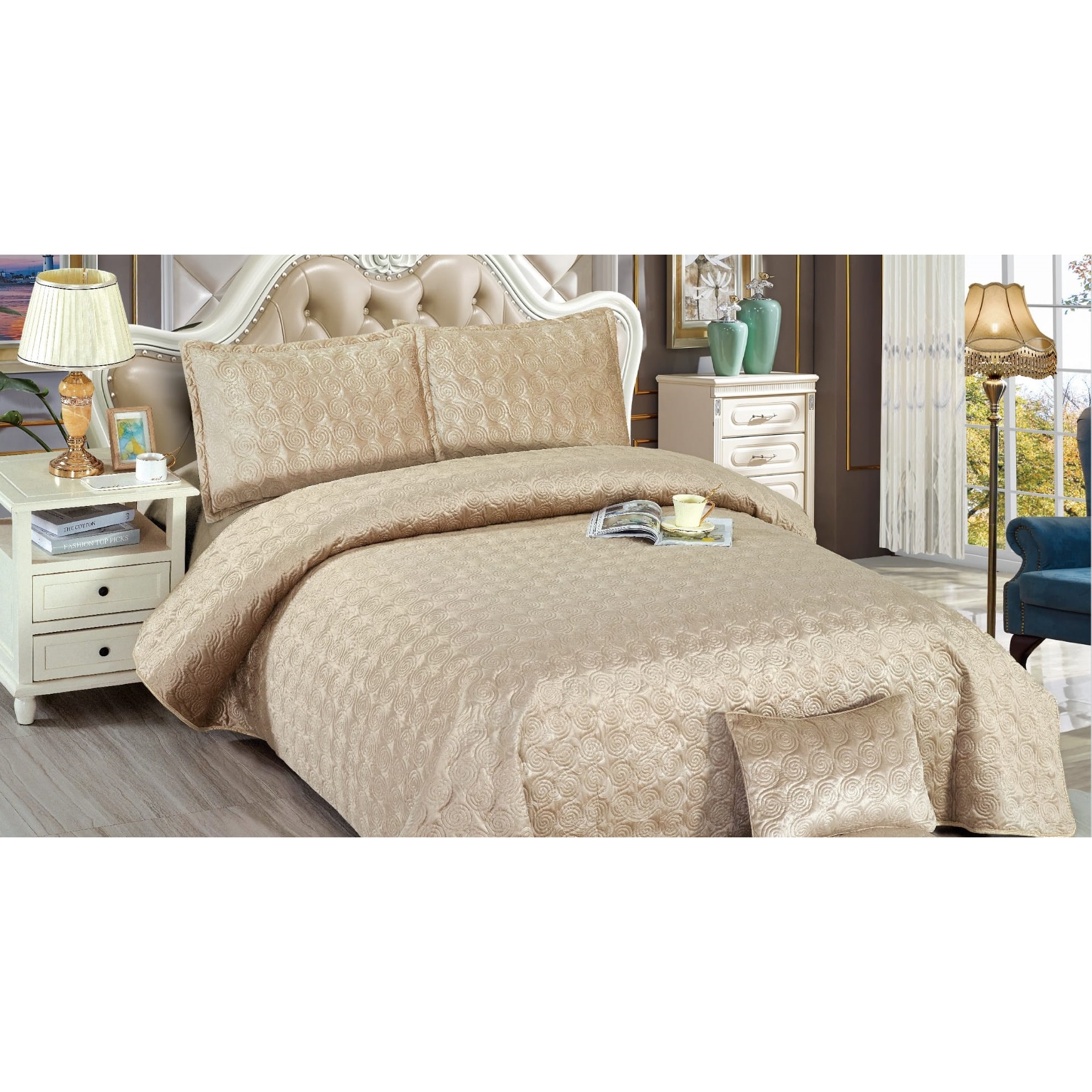 Set Cuvertura 5 piese din catifea, uni, nisip, CUVU007, 220 x 240 cm - eMAG.ro