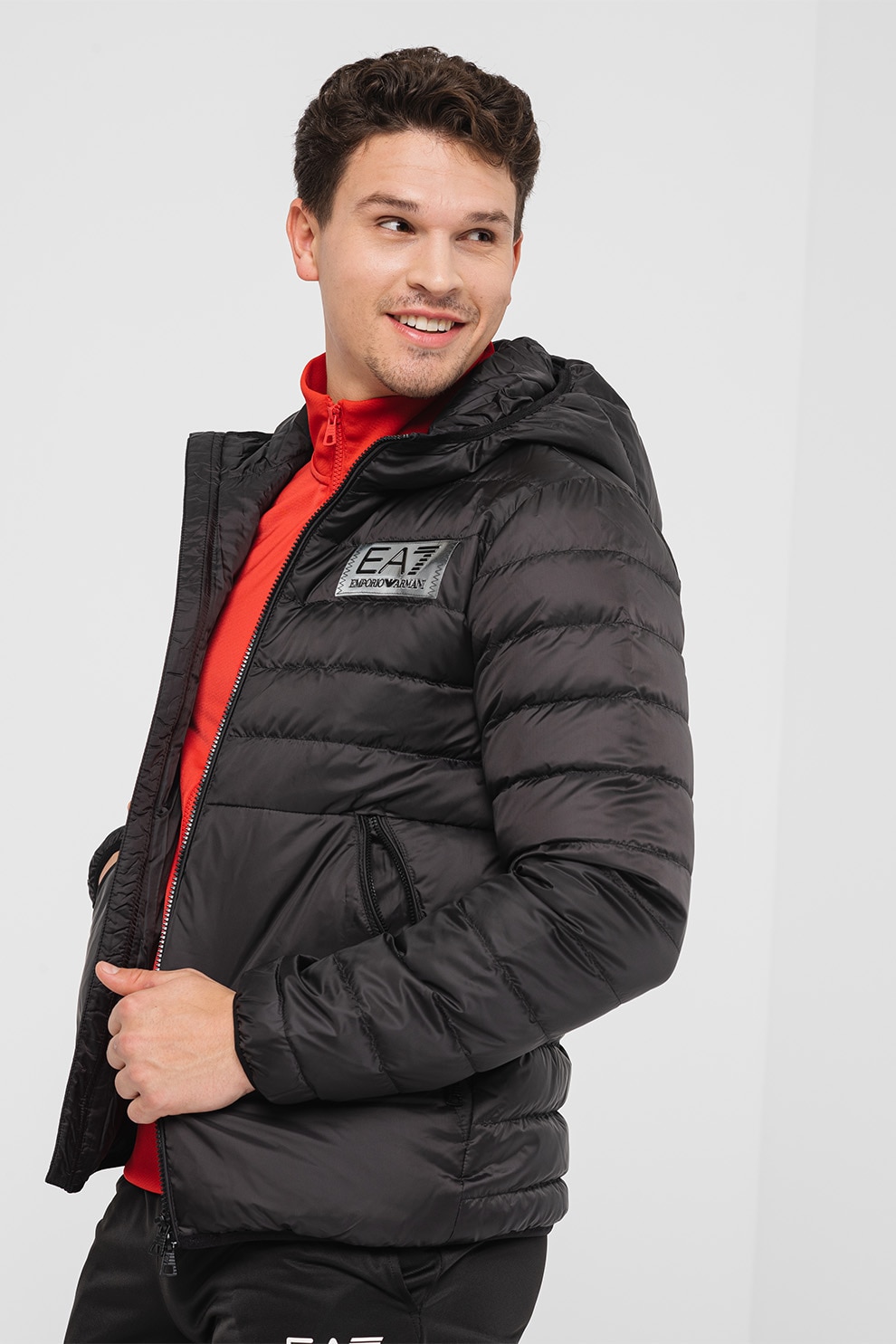 EA7, Geaca cu umplutura de puf, gluga si model matlasat, Negru, L - eMAG.ro