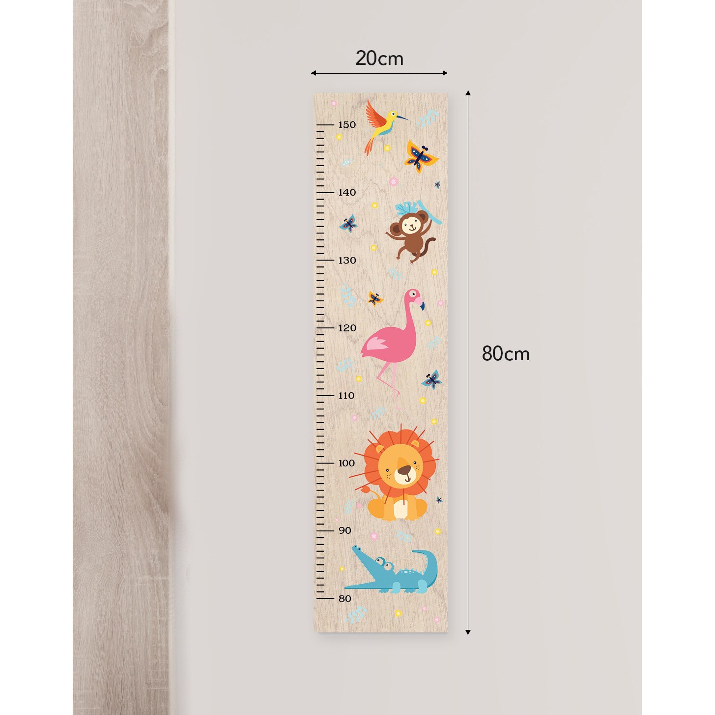 Metru masurare inaltime copii, Cosy Planet, Animale, Lemn/PVC, 80-150 ...
