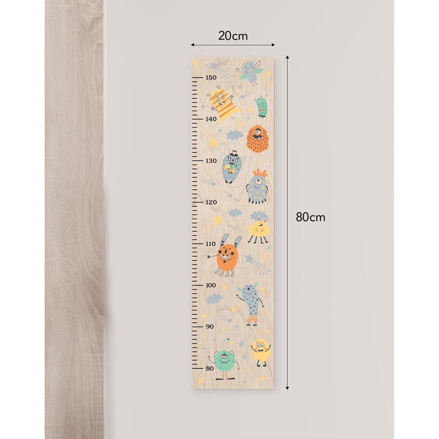 Metru masurare inaltime copii, Cosy Planet, Monstrii, Lemn/PVC, 80-150 ...