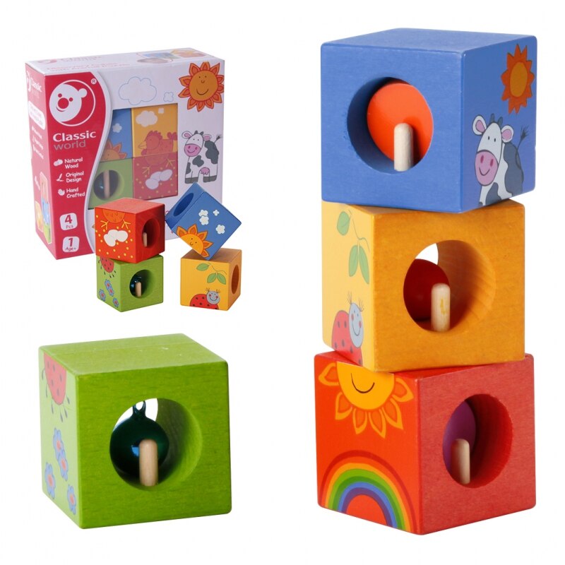 Set 4 Blocuri de construit, Classic World, Lemn, 1 an+, Multicolor ...