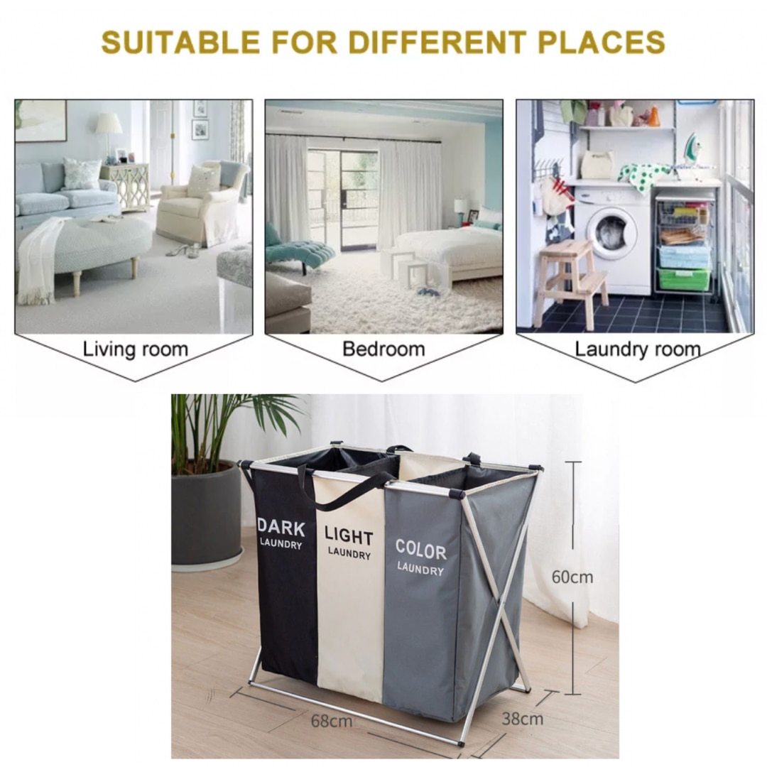 Cos pentru rufe cu 3 compartimente, Multicolor, 68 x 38 x 60 cm - eMAG.ro