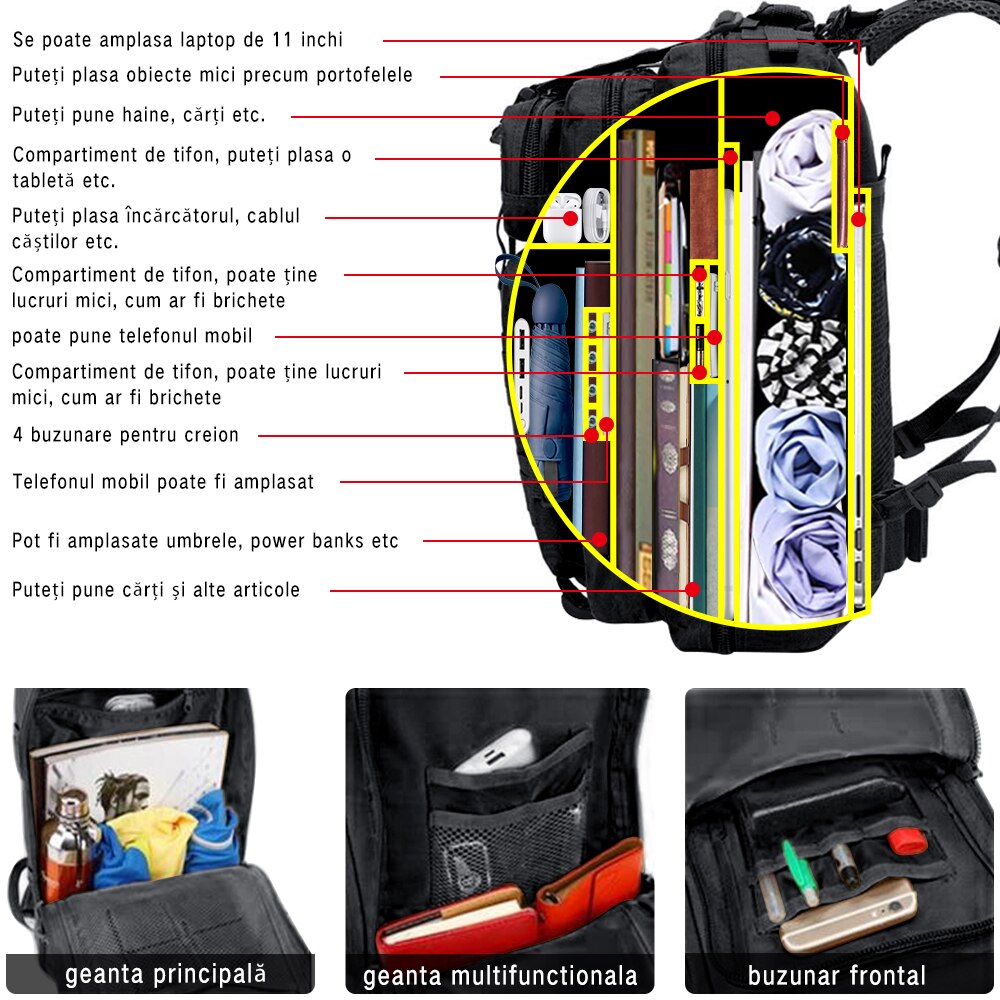 Rucsac tactic militar, Euateo, Nylon, Curele detasabile/reglabile, 26 L ...