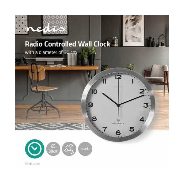 Ceas de perete controlat prin radio Nedis, diametru 30 cm, alb - eMAG.ro