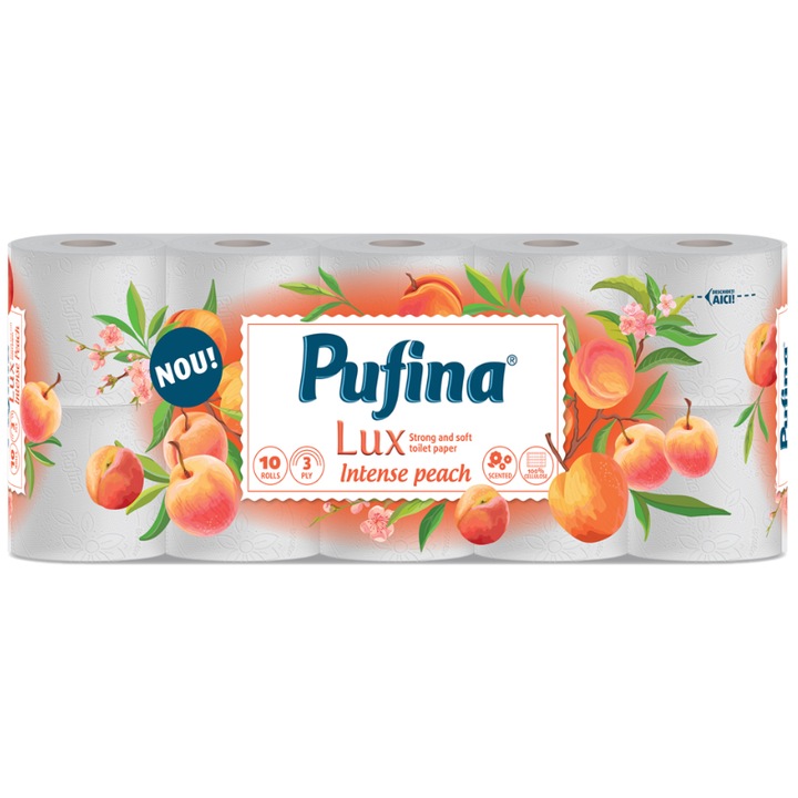 Hartie igienica Pufina Lux Piersica 10 role, 3 straturi - eMAG.ro