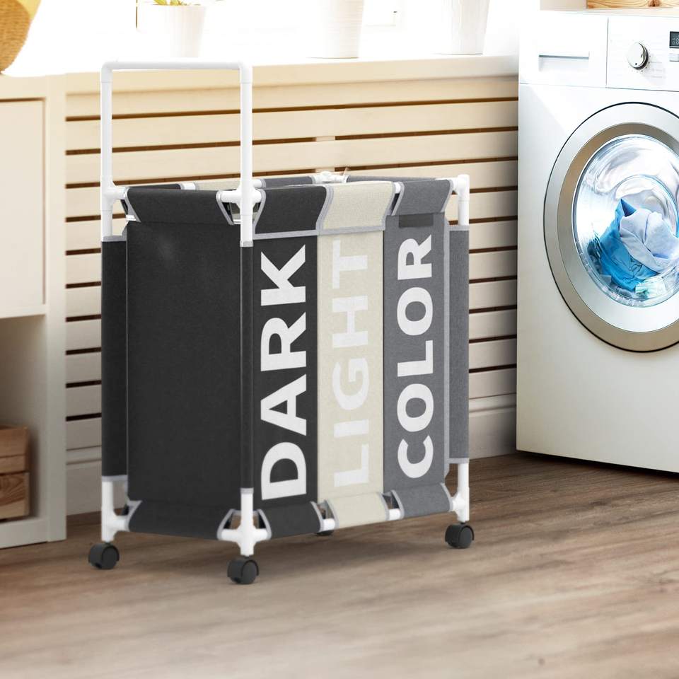 Cos pentru rufe cu roti QUANDEXL, din material textil, 3 compartimente ...