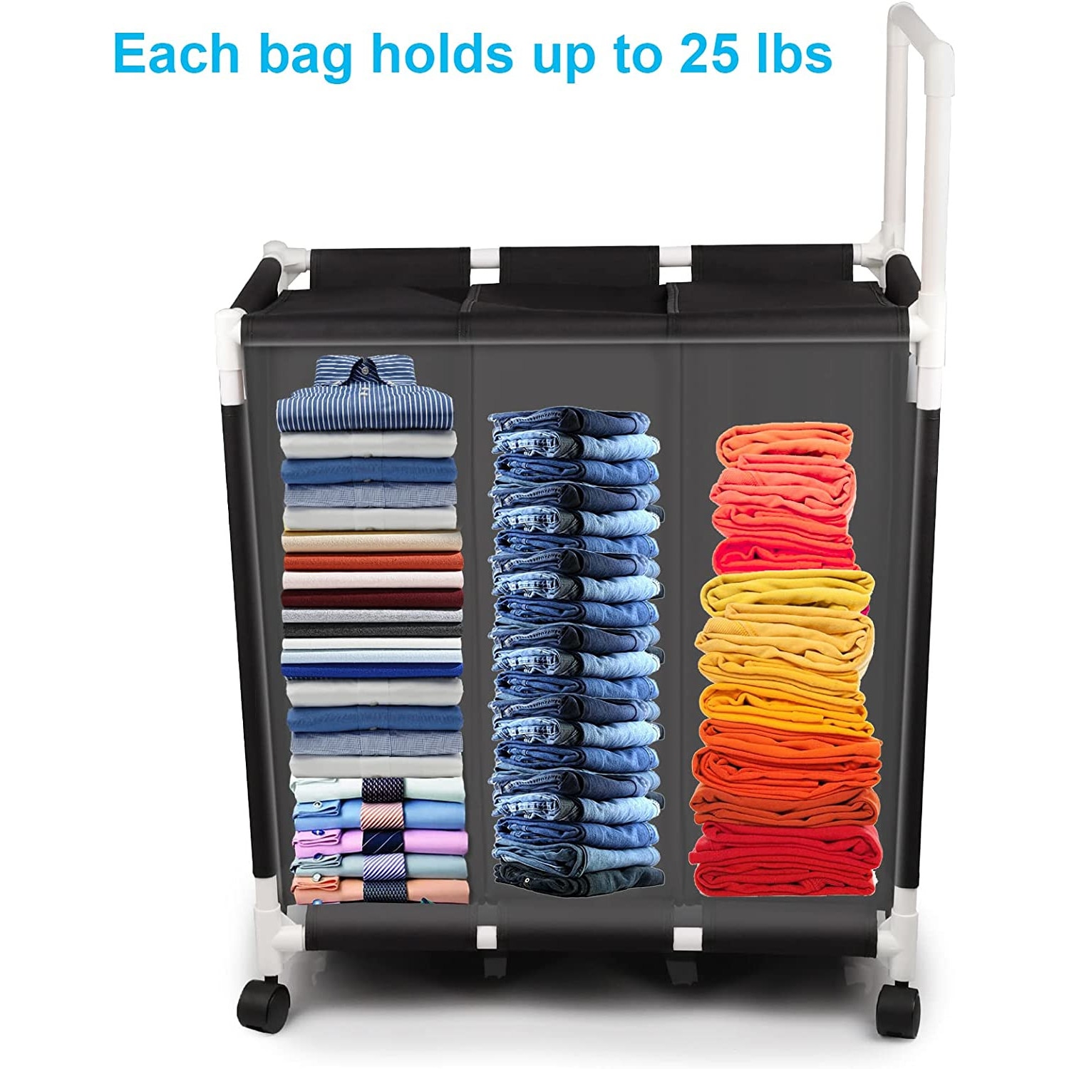 Cos pentru rufe cu roti QUANDEXL, din material textil, 3 compartimente ...