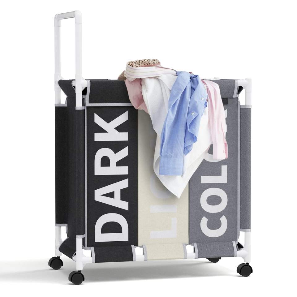 Cos pentru rufe cu roti QUANDEXL, din material textil, 3 compartimente ...