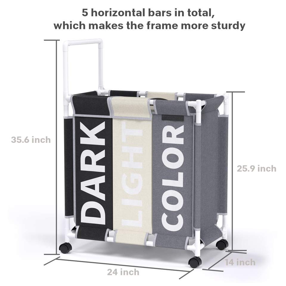 Cos pentru rufe cu roti QUANDEXL, din material textil, 3 compartimente ...