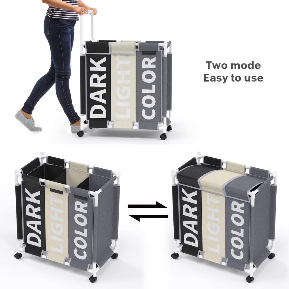 Cos pentru rufe cu roti QUANDEXL, din material textil, 3 compartimente ...