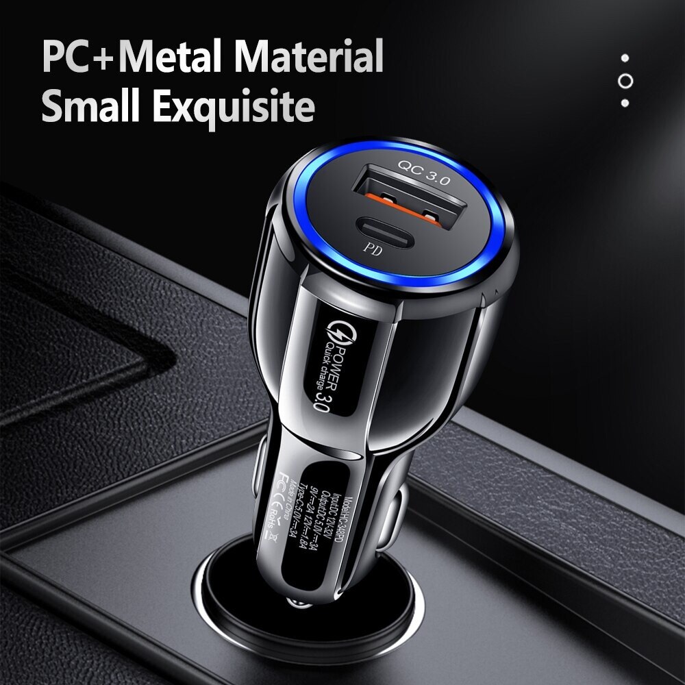 Incarcator Auto cu Incarcare Rapida cu porturi USB si port tip C PD ...