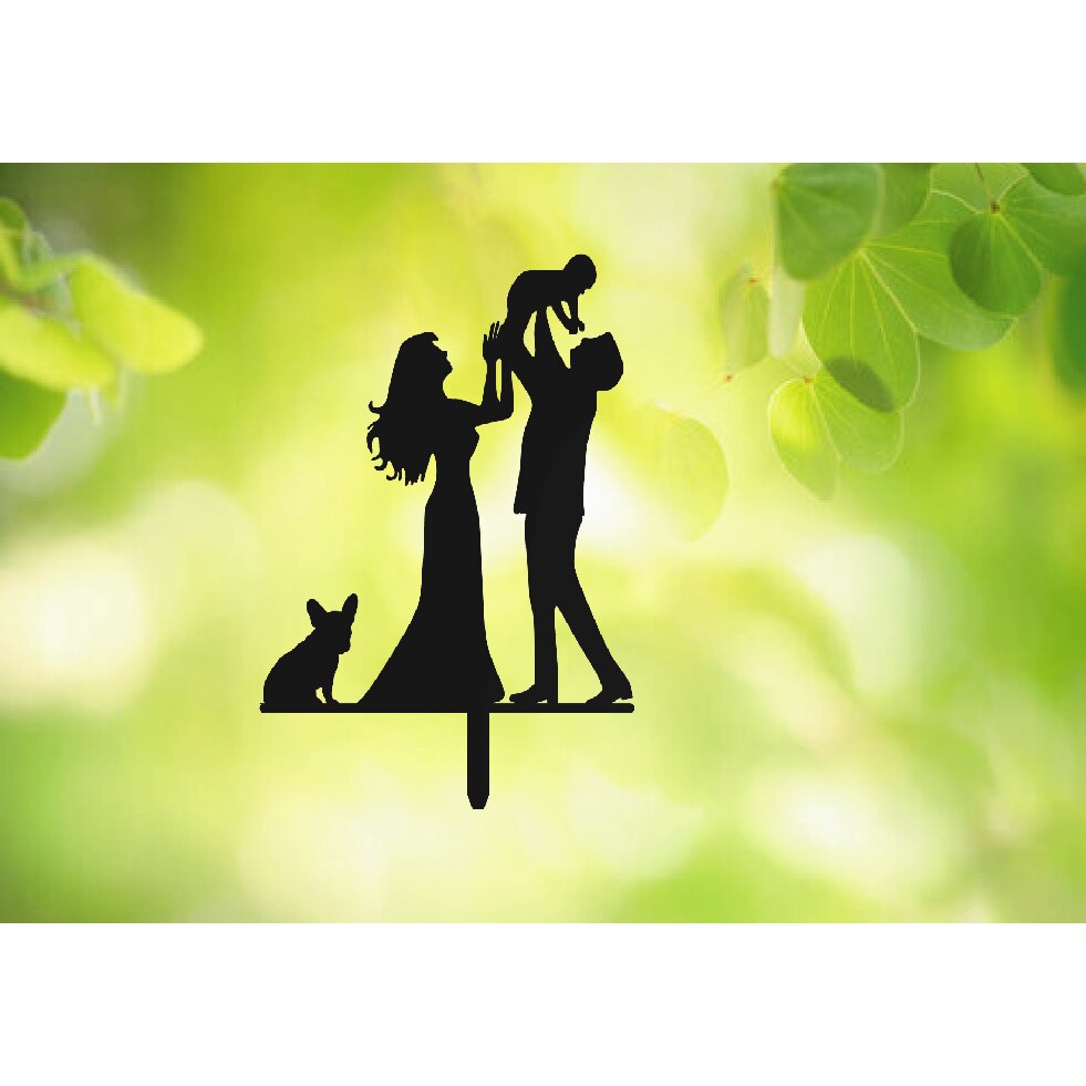 Topper nunta personalizat miri, cu copil si caine, Negru, 22x17 cm ...