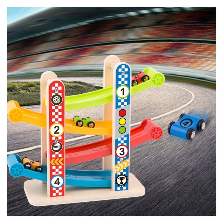 Pista de masini, Tooky Toy, Lemn/Plastic, 4 masinute, 3 ani+ ...