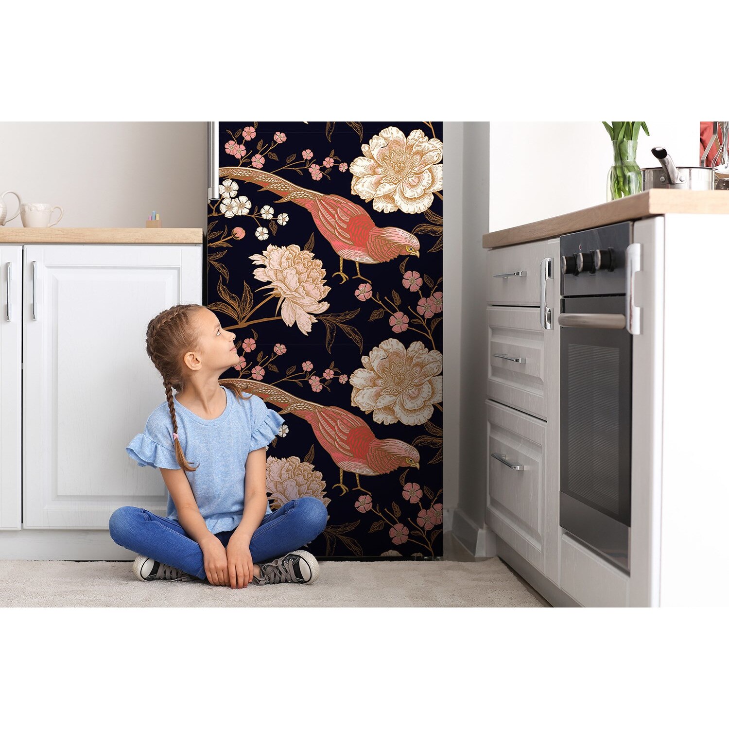 Magnet de frigider, Bujor cu o pasare, Negru, 60 cm x 190 cm - eMAG.ro