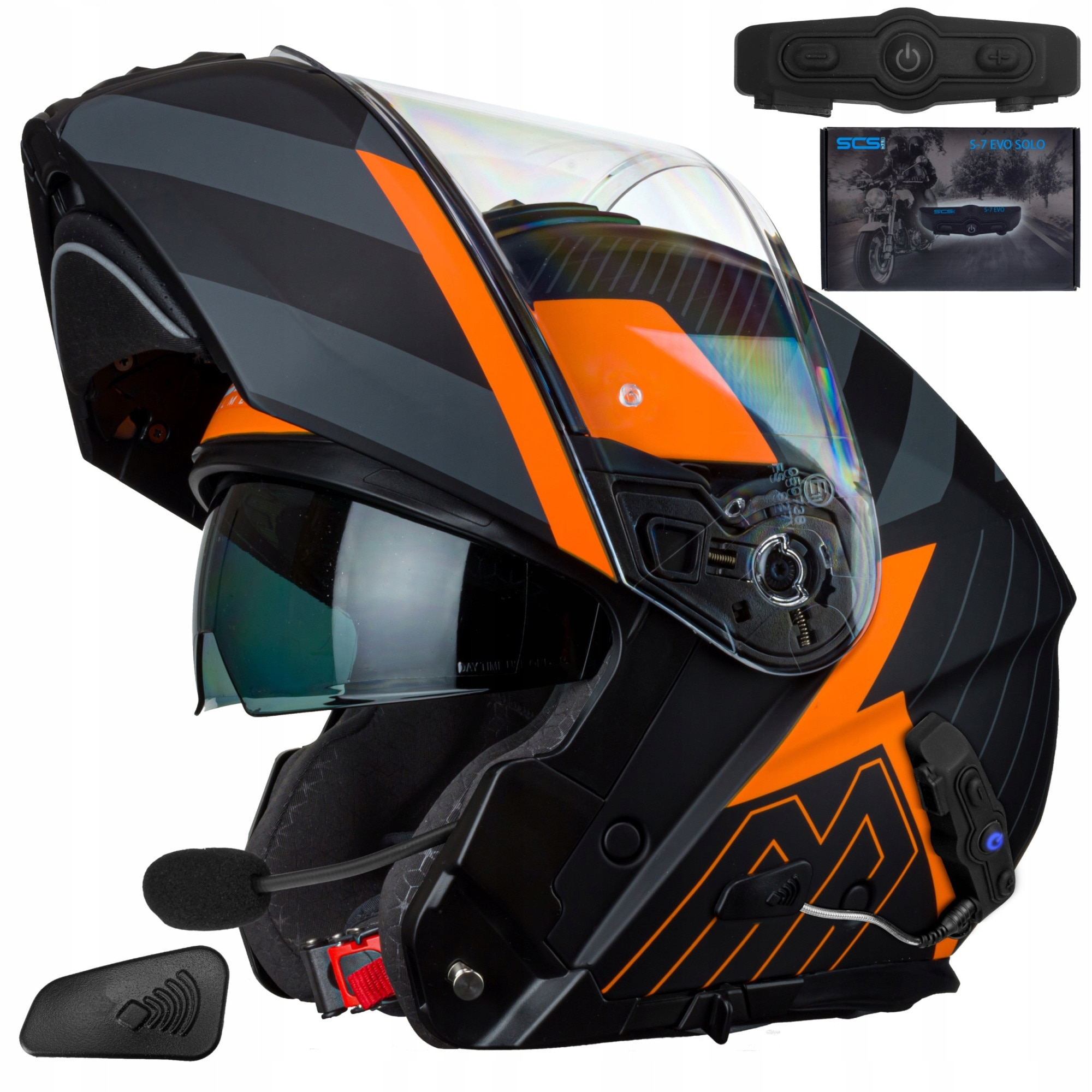 Casca moto cu intercom, Cassida, Fibra de sticla, Negru/Portocaliu ...