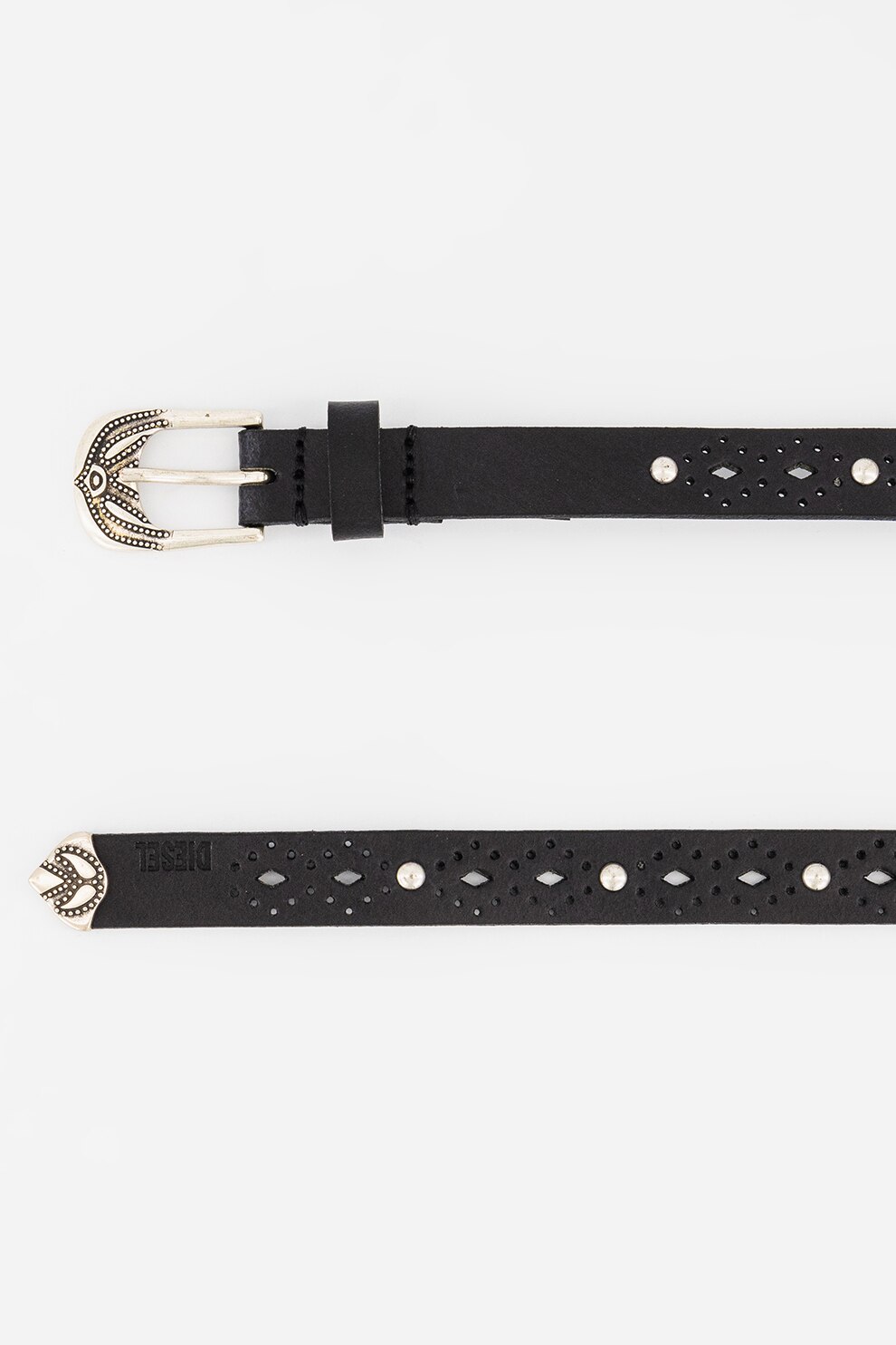 Diesel, Curea de piele cu model decupat B-Hor, Argintiu, Negru, 85 ...