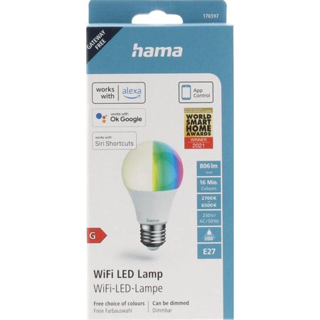 Bec LED RGBW inteligent Hama, Wi-Fi, E27, 10W (60W), 806 lm, reglabil, lumina alba si colorata ...