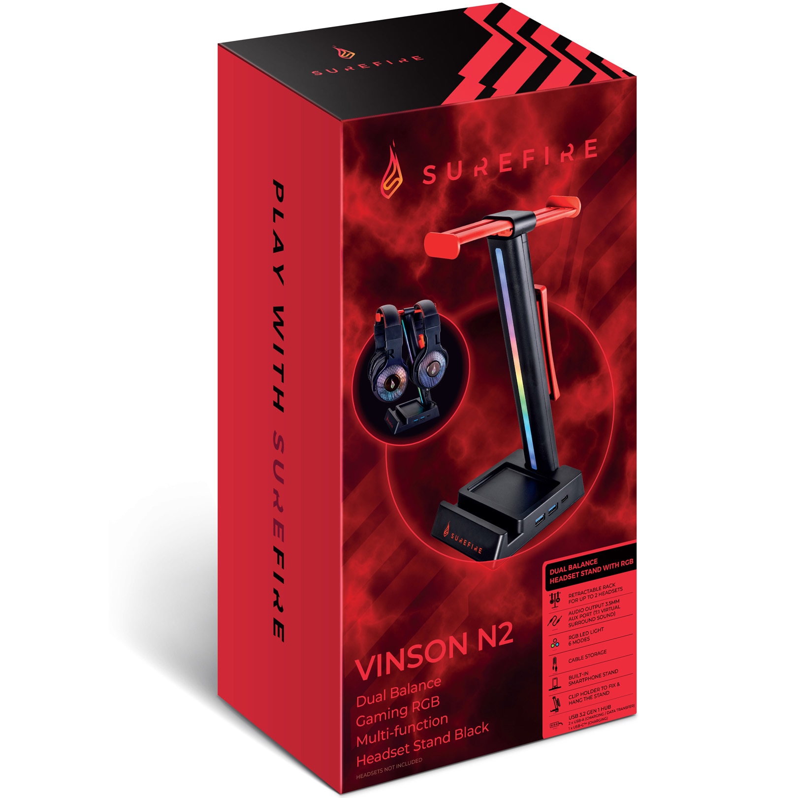 Stand casti gaming, SureFire Vinson N2, Hub USB 2 porturi, iluminare ...