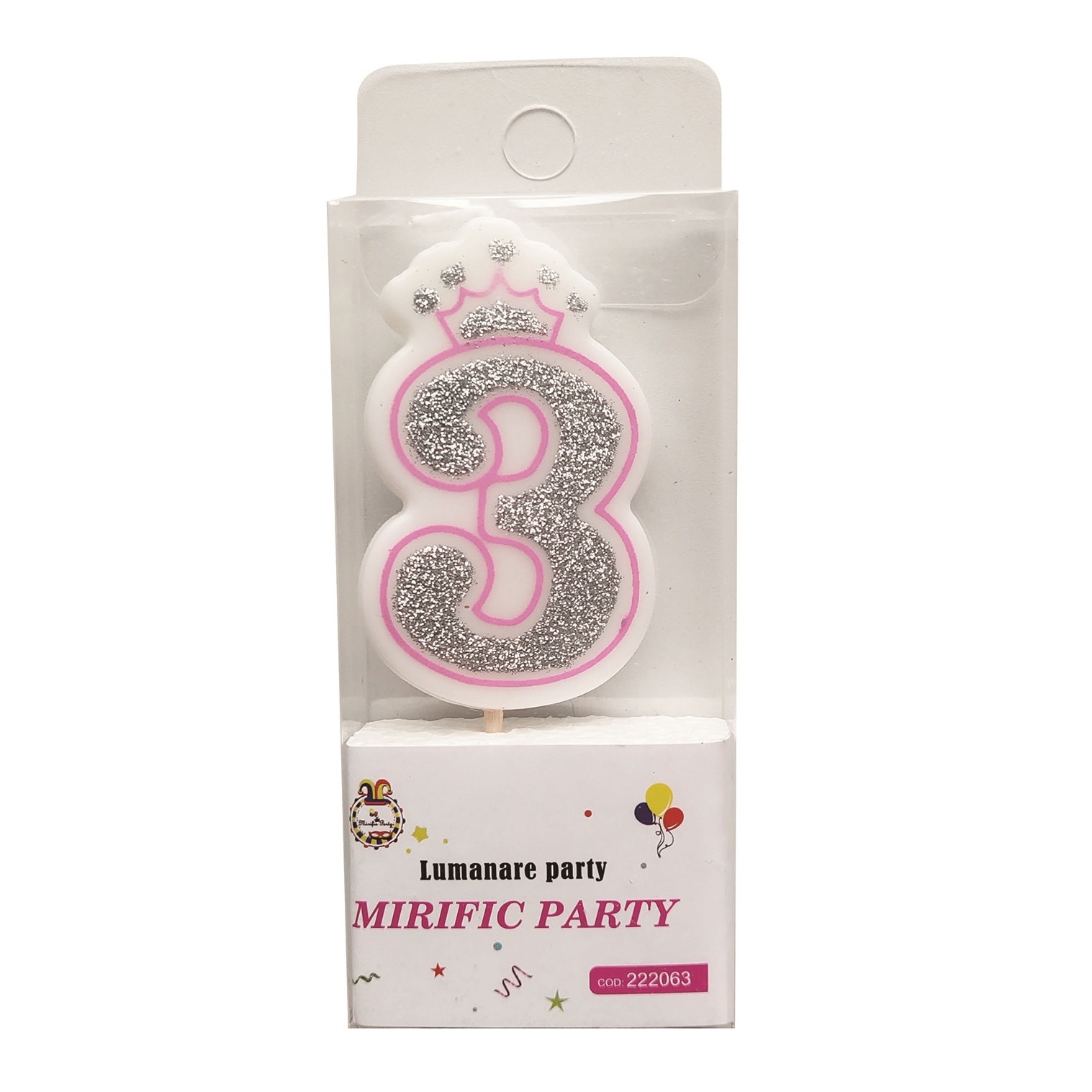 Lumanare coroana sclipici, cifra 3, roz - eMAG.ro