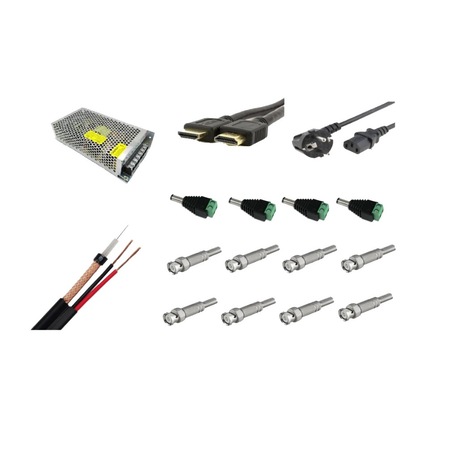 Set accesorii montaj 4 camere supraveghere, 100m cablu coaxial, sursa alimentare, mufe, cablu ...